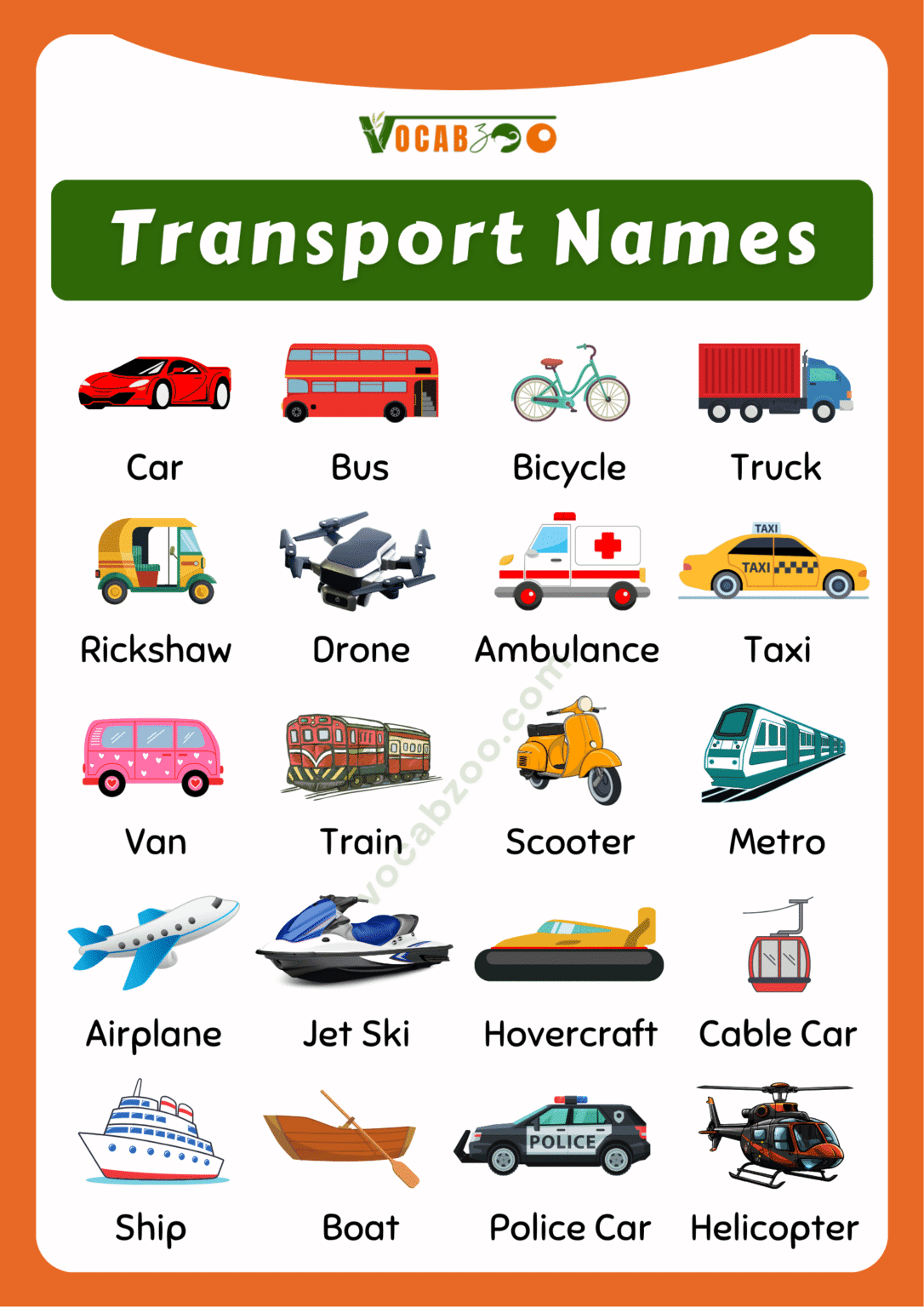 100 Transport Names List in English with Pictures