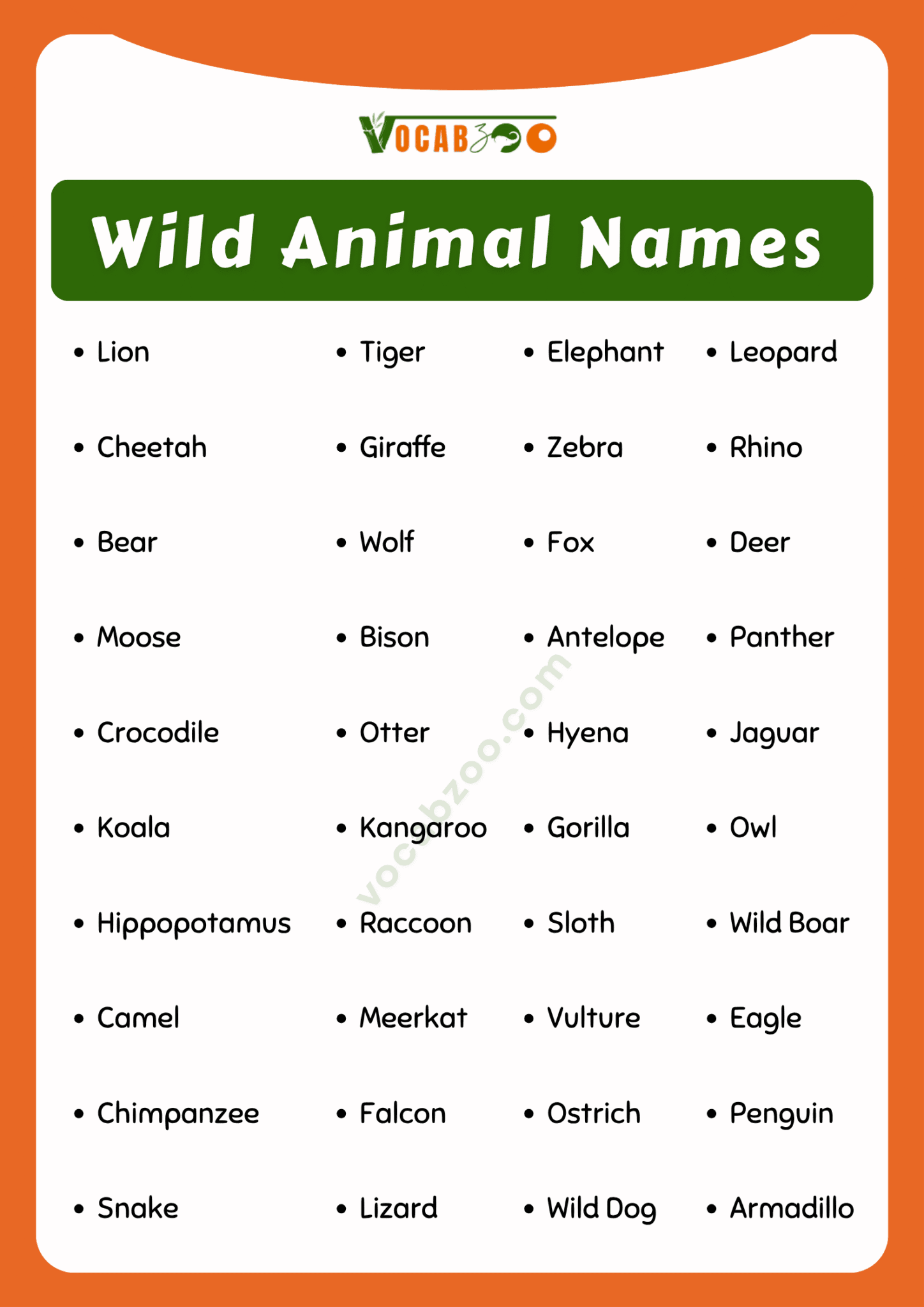 Wild Animals and Their Name in English with Pictures - Vocabzoo