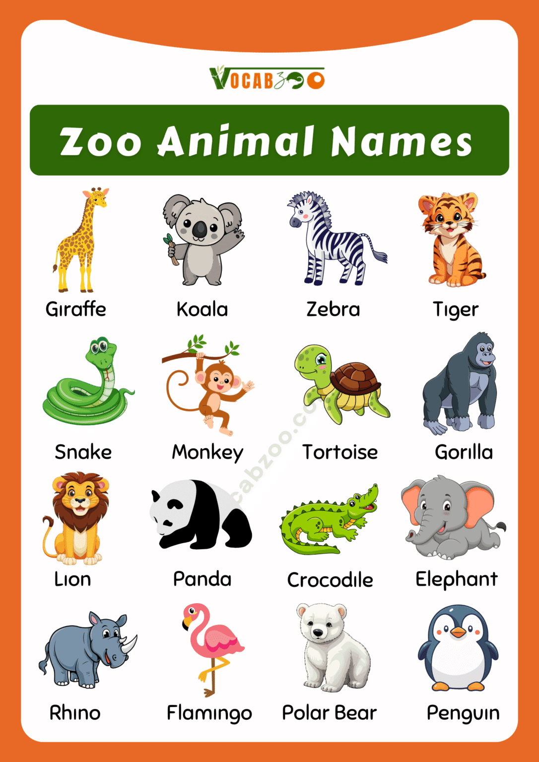 50 Zoo Animals Vocabulary in English with Pictures