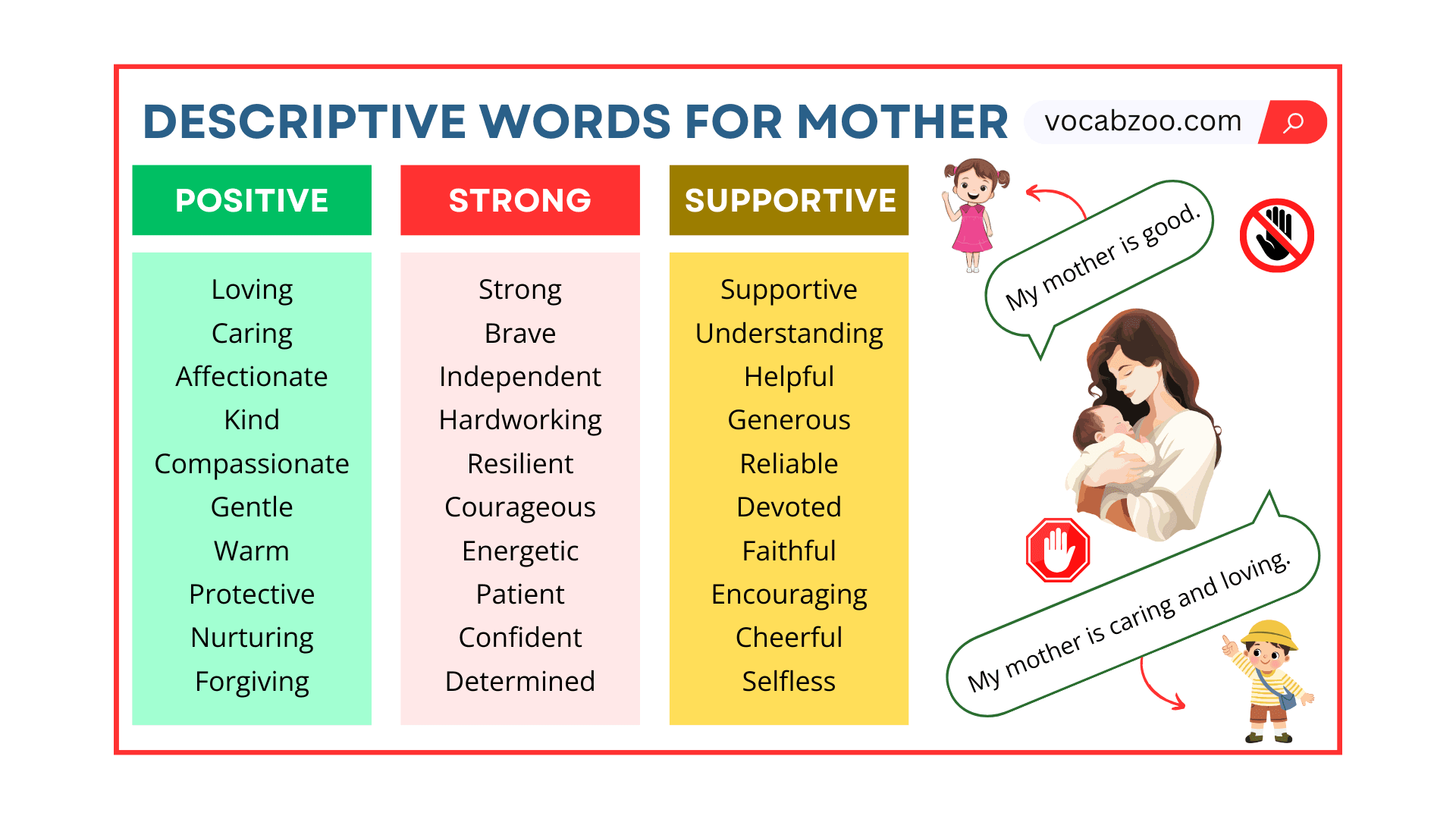 Descriptive Words for Mother in English with Examples - Vocabzoo