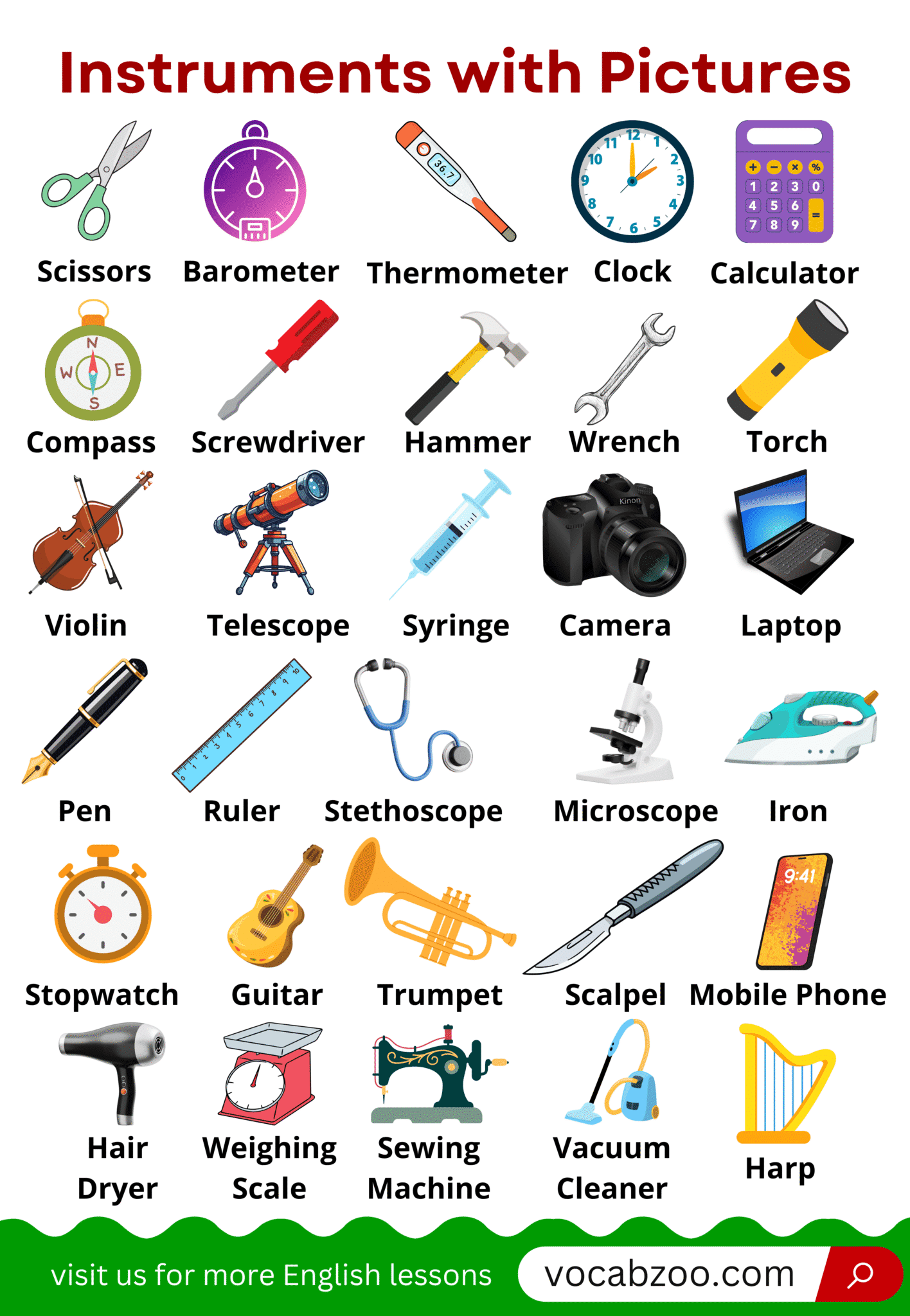 Instruments with Pictures and Types in English - Vocabzoo