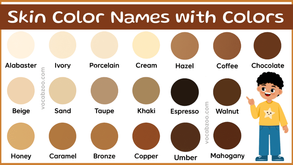 Skin Color Names with Colors and Pictures in English - Vocabzoo