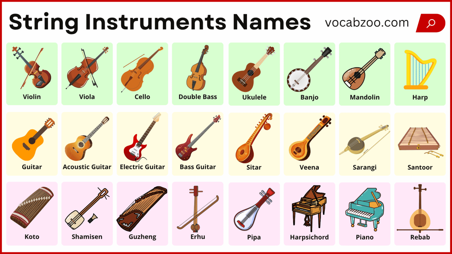String Instruments List with Pictures and Names in English - Vocabzoo