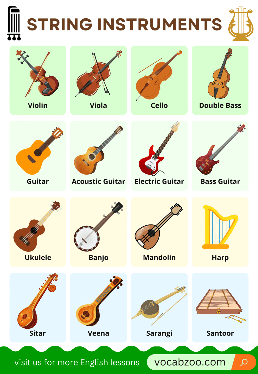 String Instruments List with Pictures and Names - Vocabzoo