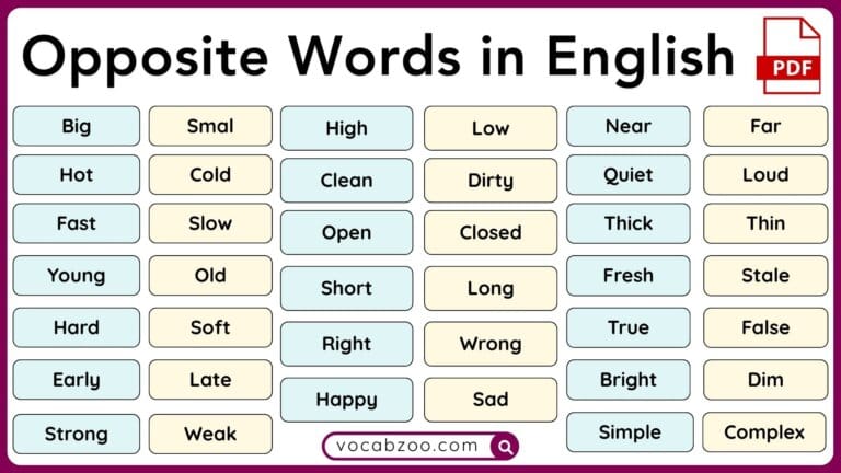 Opposite Words for Class 1 with Examples in English - Vocabzoo