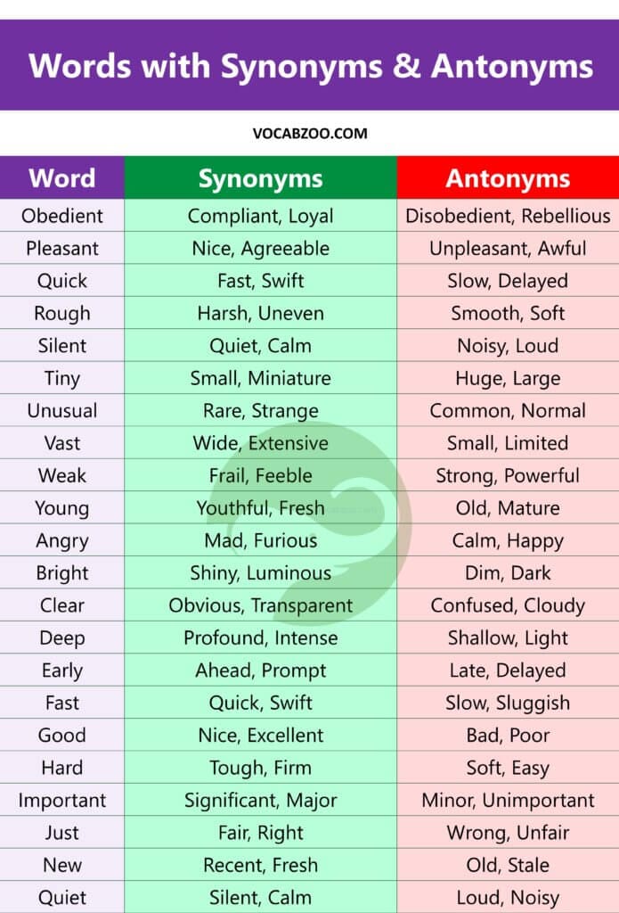 100 Words with Synonyms and Antonyms with Examples