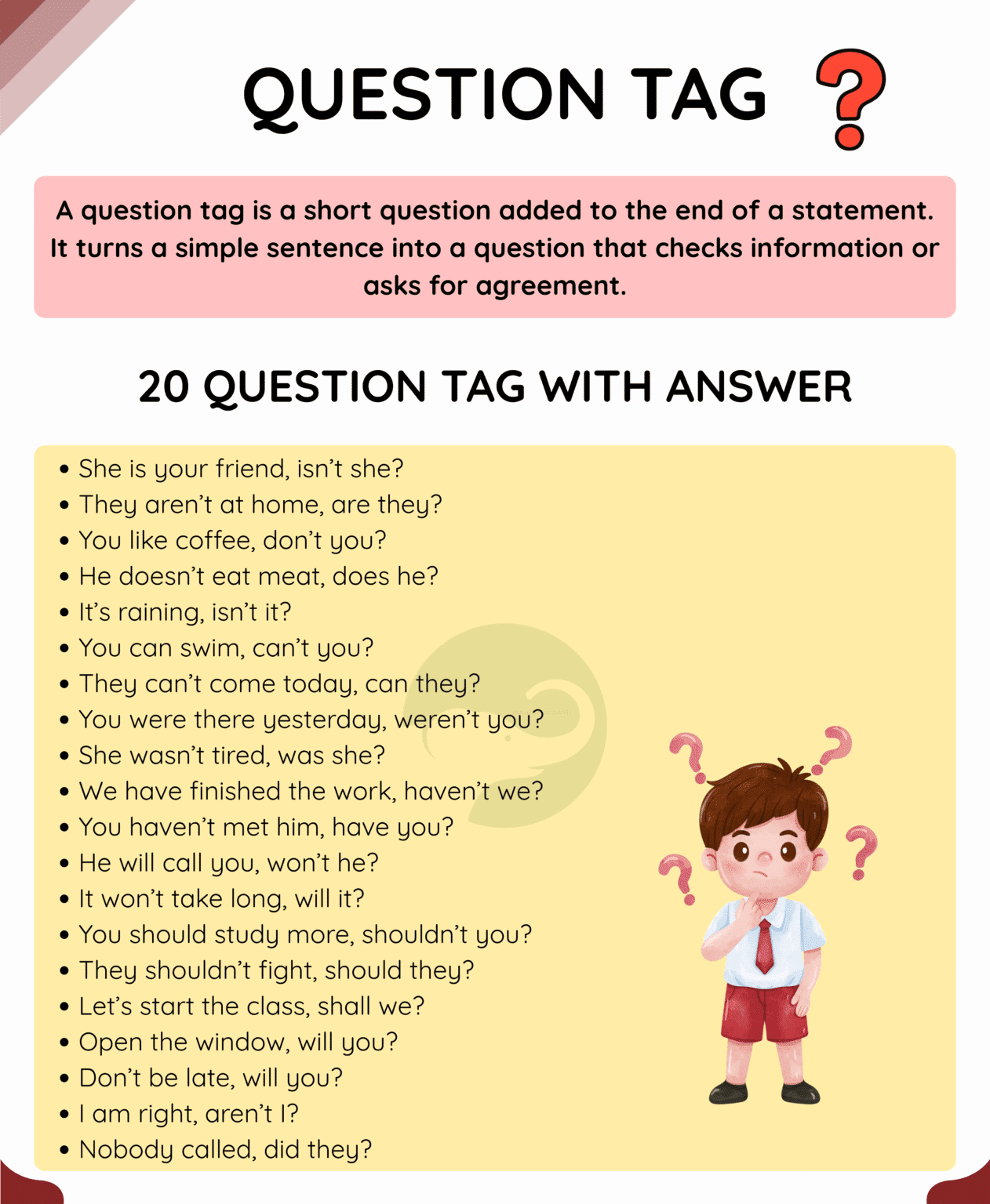 20 Question Tag With Answer in English with Pictures - Vocabzoo