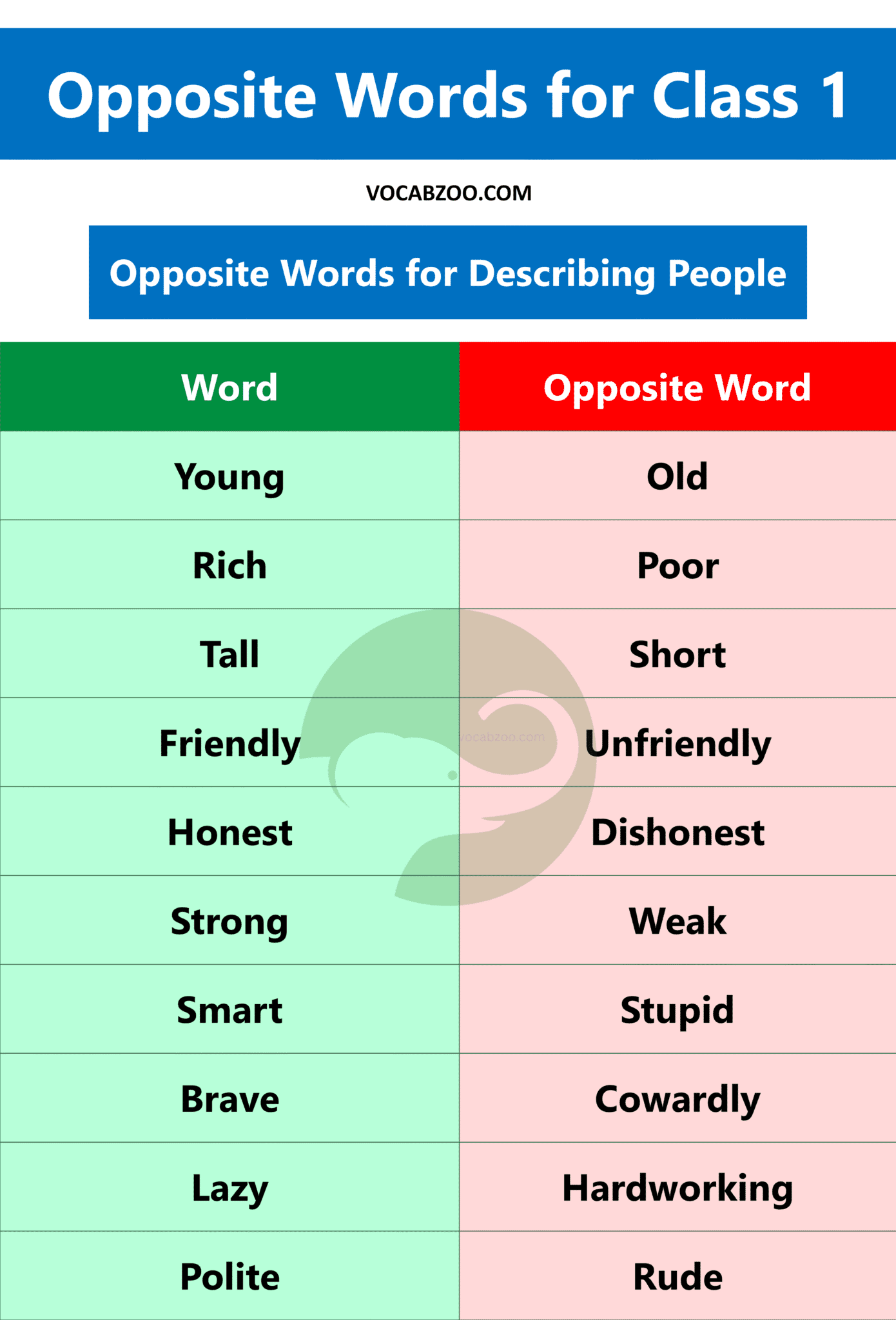 Opposite Words for Class 1 with Examples in English - Vocabzoo