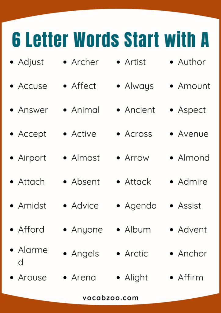Six Letter Words Starting with A - List of Words with A - Vocabzoo