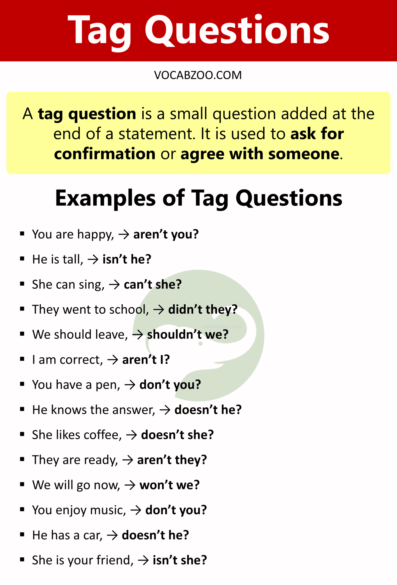 Tag Questions: Definition, Usage, and Examples - Vocabzoo