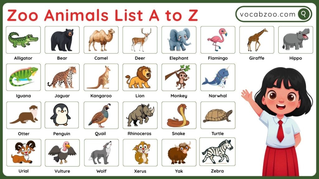 100 Zoo Animals List A to Z in English with Their Pictures