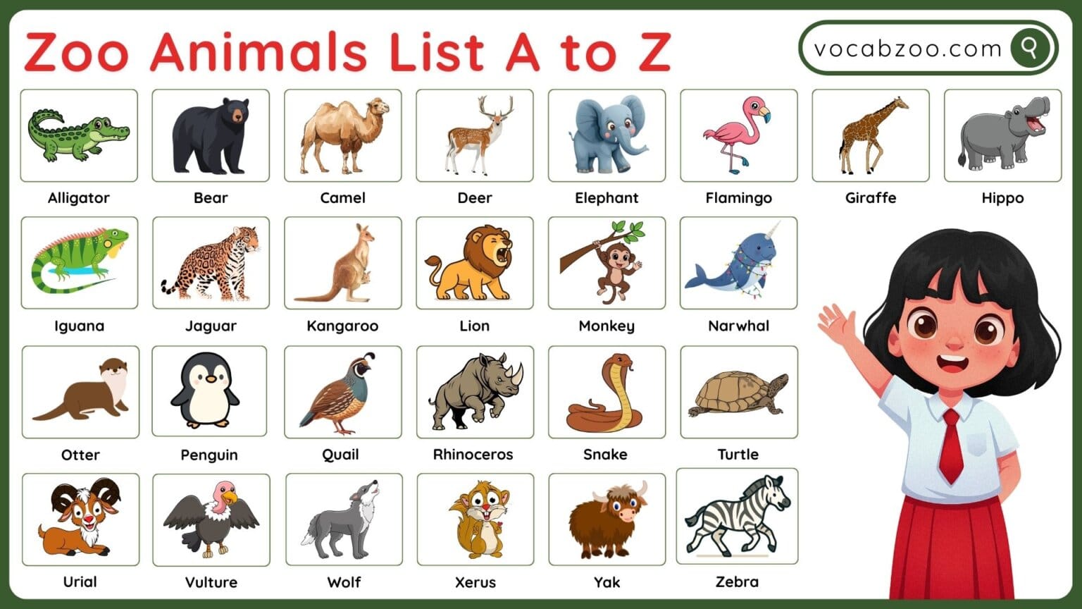 100 Zoo Animals List A to Z in English with Their Pictures