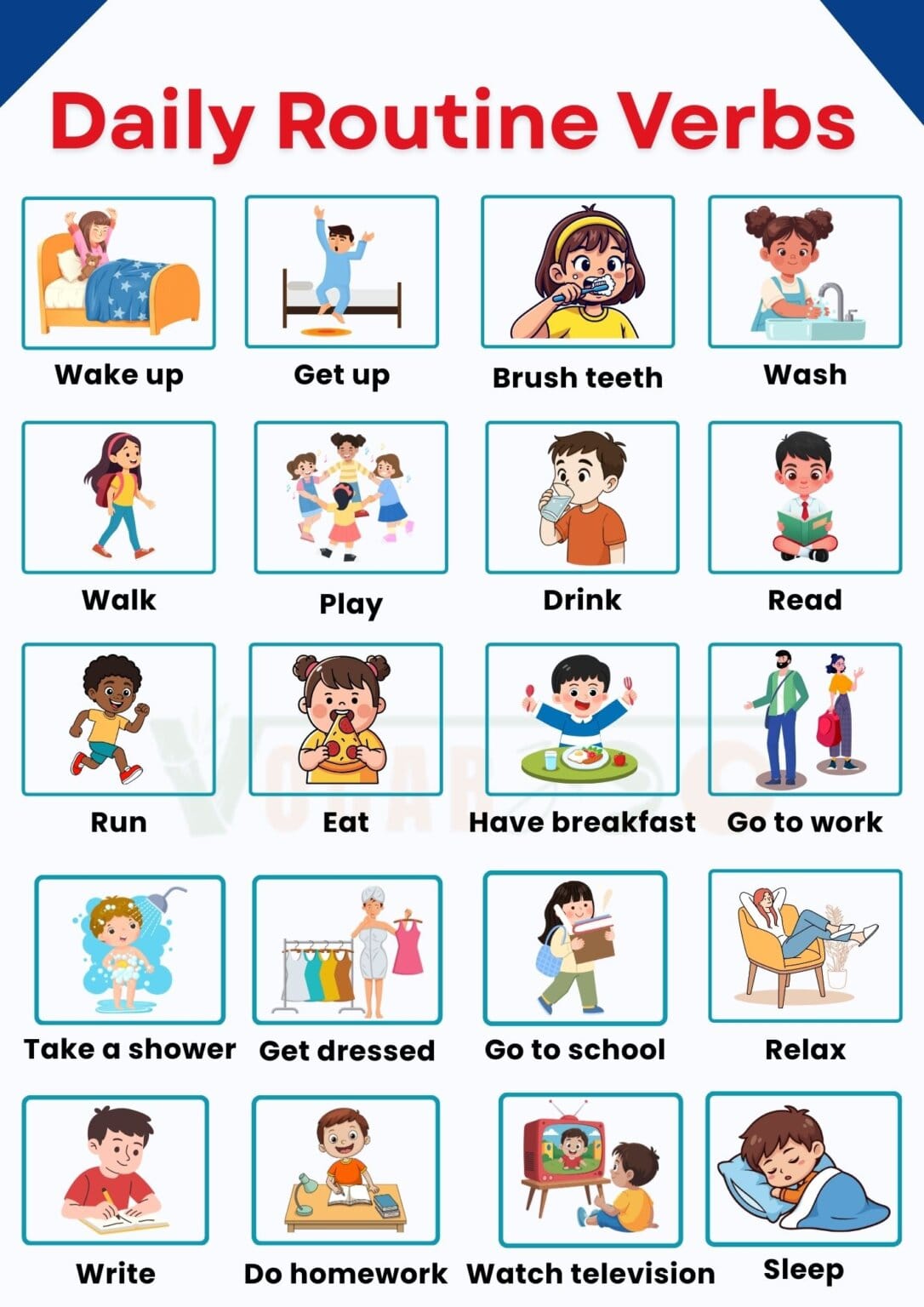 Daily Routine Verbs in English with Pictures - Vocabzoo