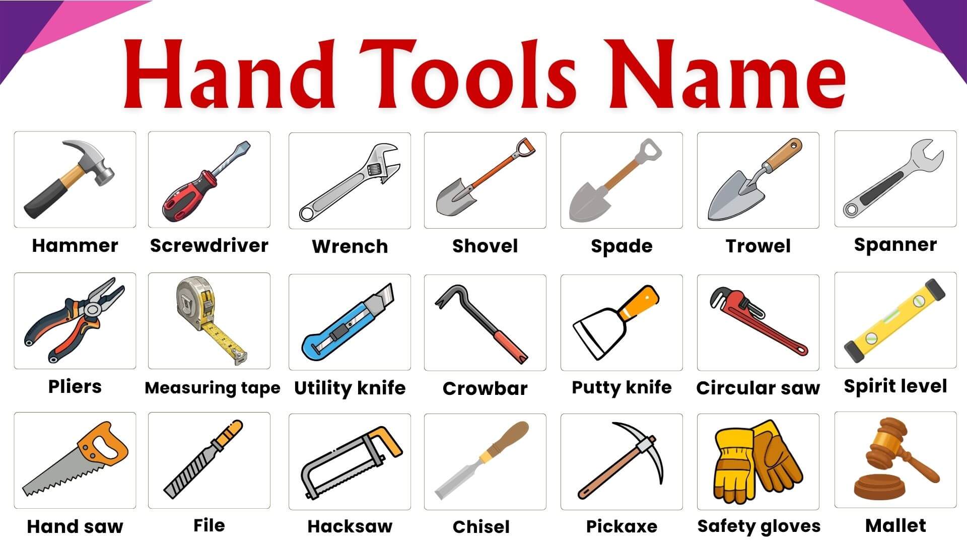 26 Hand Tools Name in English with Pictures - Vocabzoo
