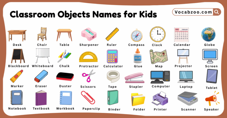 Classroom Objects Names for Kids in English with Pictures - Vocabzoo
