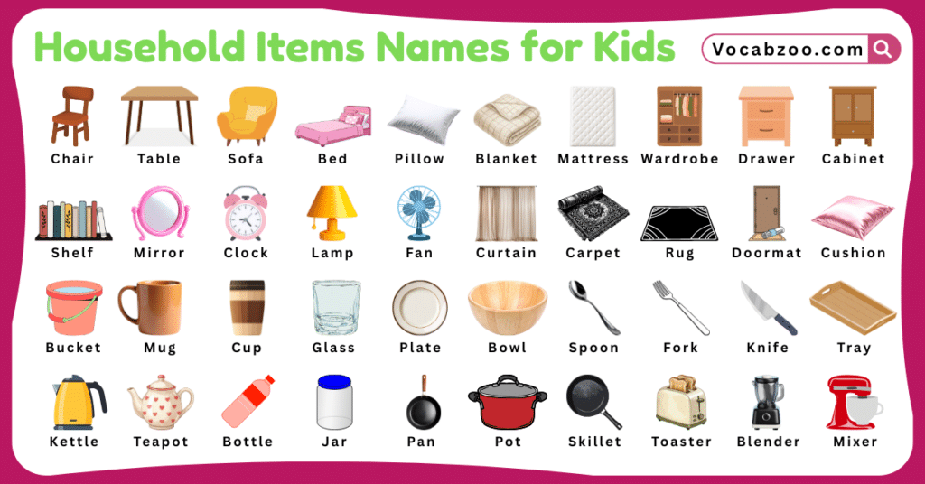 Household Items Names for Kids in English with Pictures - Vocabzoo