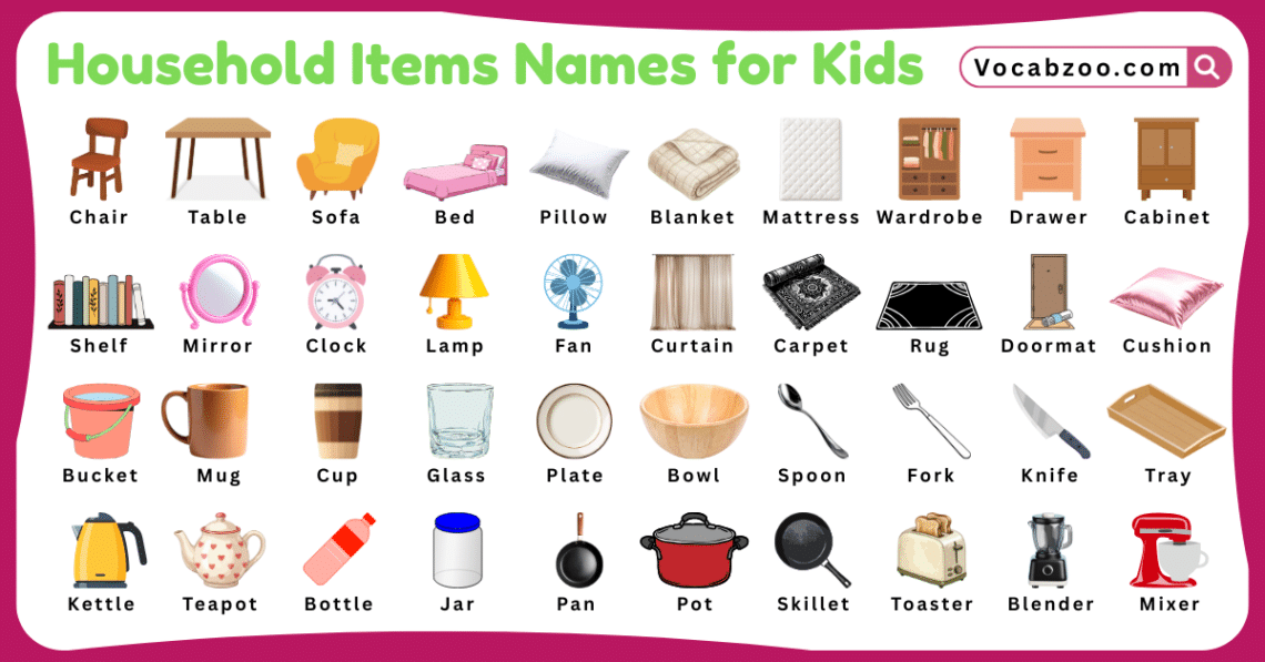 Household Items Names for Kids in English with Pictures - Vocabzoo