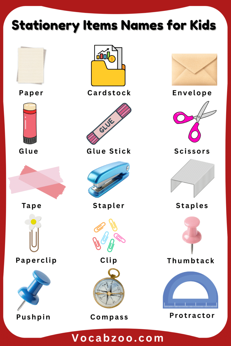 Stationery Items Names for Kids in English with Pictures - Vocabzoo